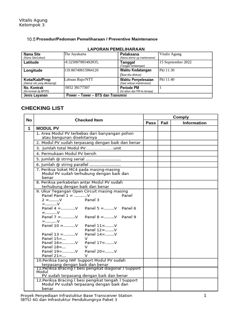 RAN A 20 VITALIS AGUNG Contoh Laporan - Preventive Maintenance | PDF