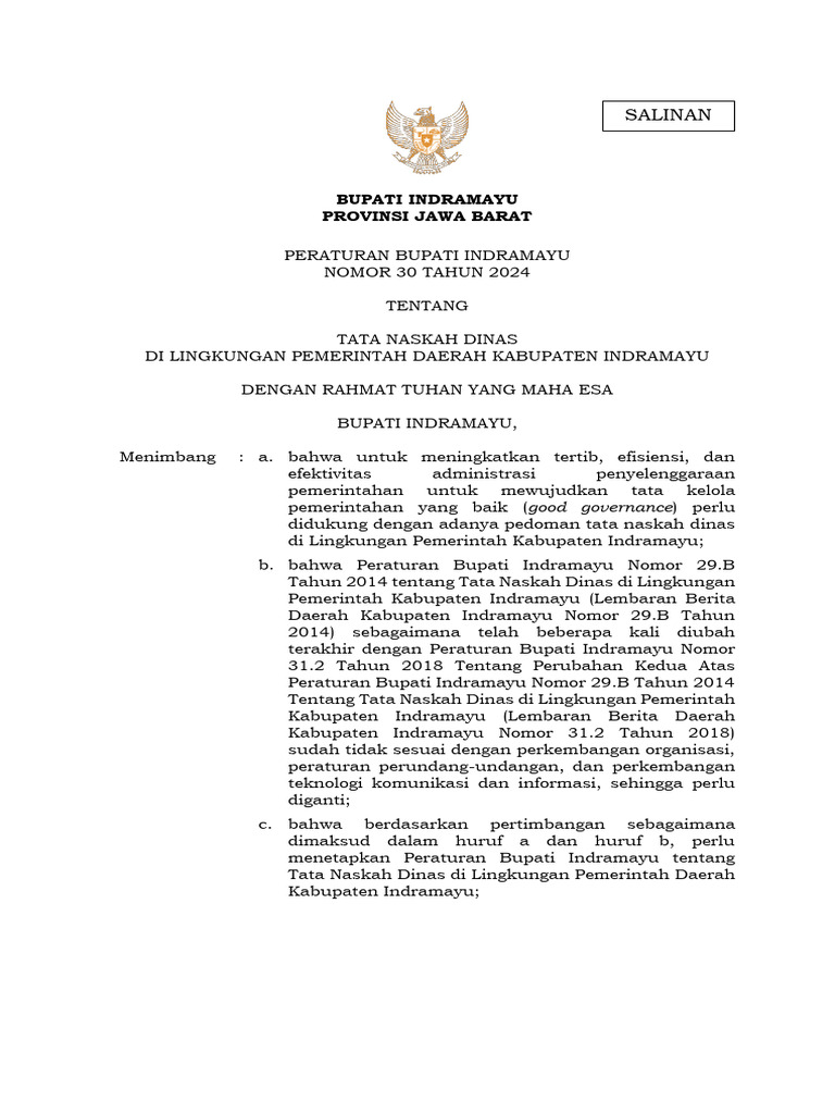 Perbup Nomor 30 Tahun 2024 Tentang Tata Naskah Dinas Di Lingkungan Pemkab Indramayu | PDF