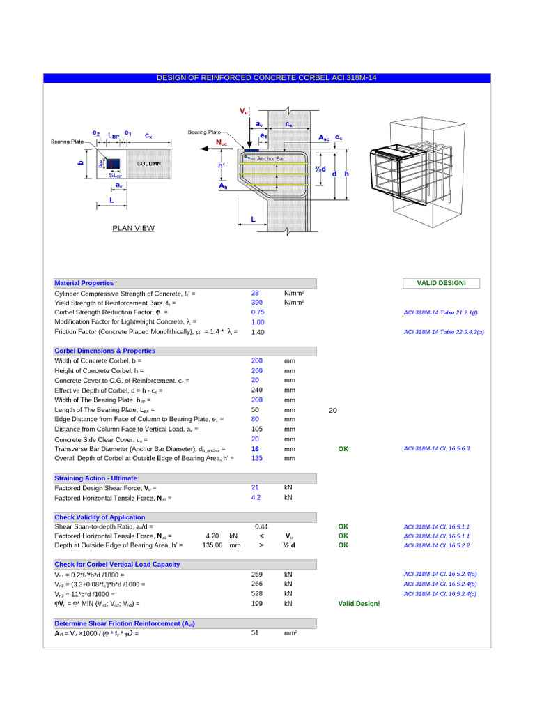 Design Reinforced Concrete Corbel ACI 318M-14 | PDF | Concrete | Reinforced Concrete