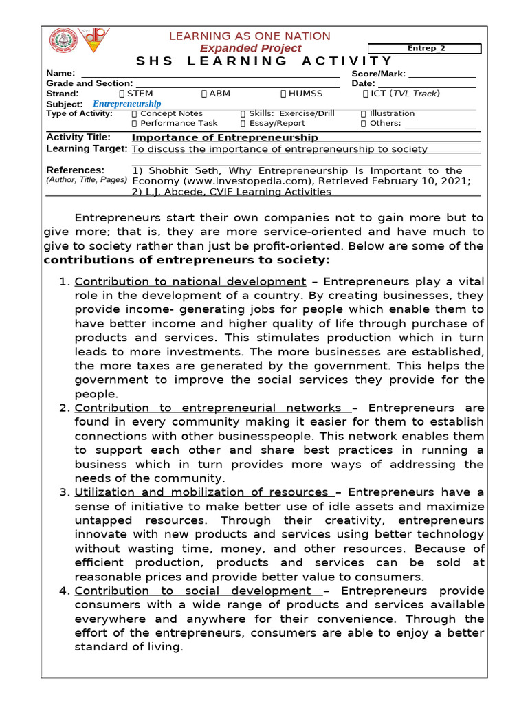 Entrep LAS 2 Importance of Entrepreneurship | PDF | Entrepreneurship | Economics