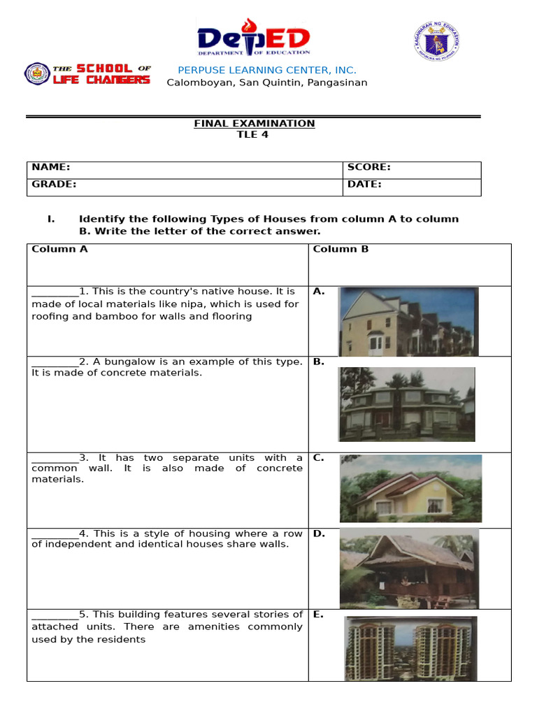 TLE 4 Final Exam: Types of Houses | PDF