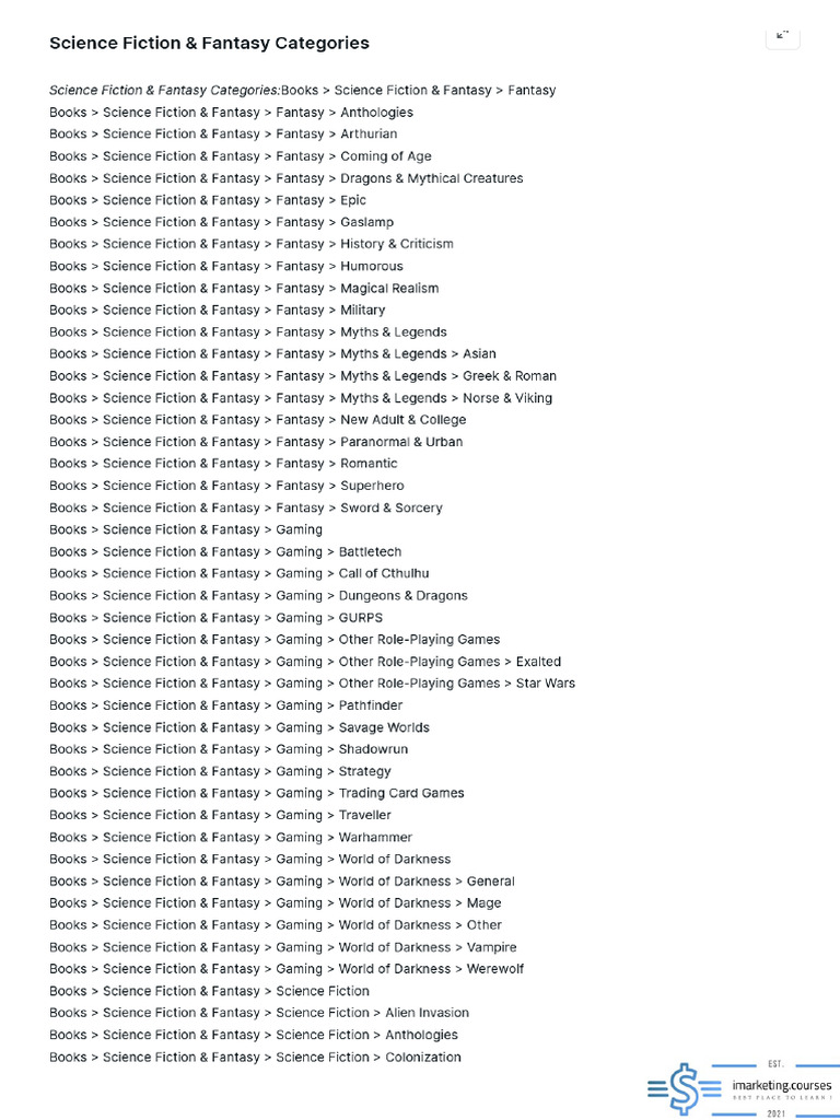 04-Science Fiction & Fantasy Categories | PDF | Fantasy | Science Fiction