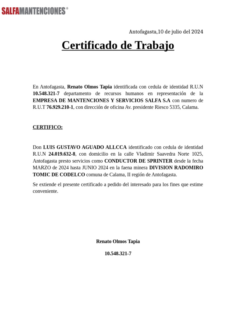 Certificado de Ecora Sa | PDF