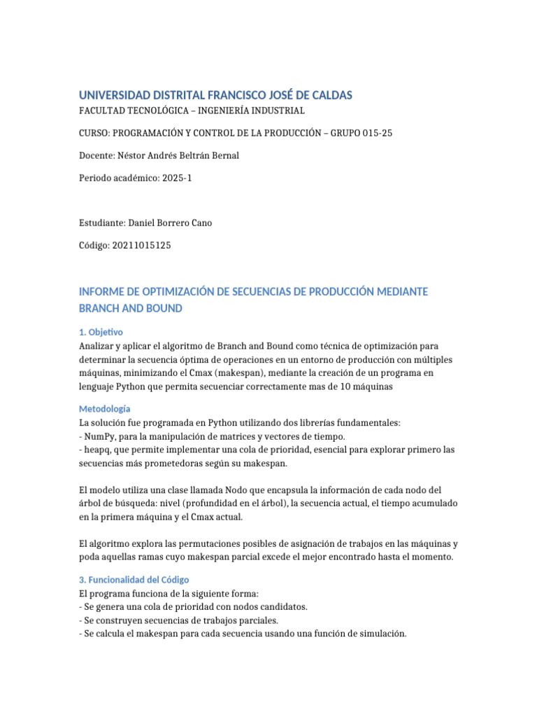Informe Branch and Bound Daniel Borrero | PDF | Algoritmos | Ingeniería de software