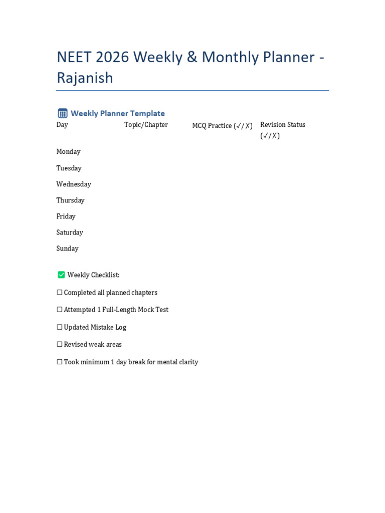 NEET 2026 Weekly & Monthly Planner | PDF