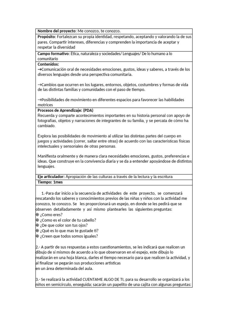 Proyecto Me Conozco, Te Conozco | PDF | Aprendizaje