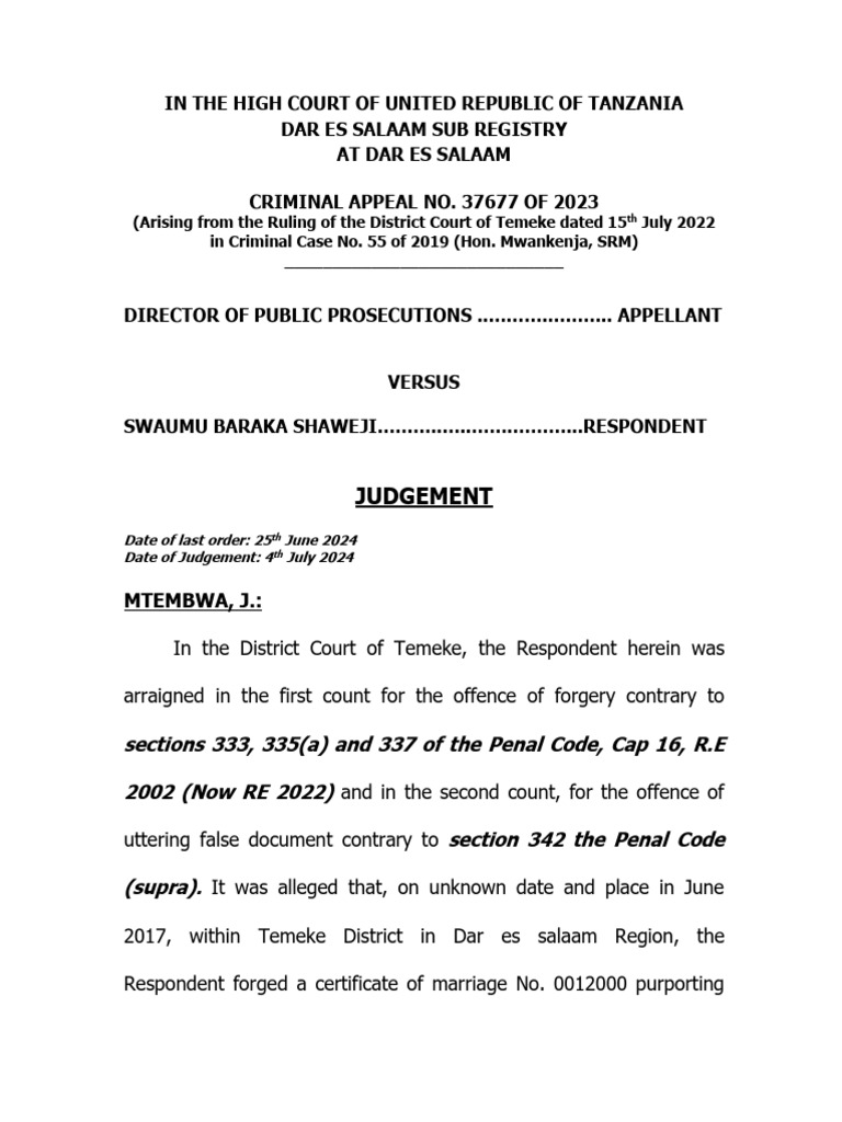 LANDMARK CASE On FORGERY DPP Vs Swaum Baraka Shaweji (Criminal Appeal ...