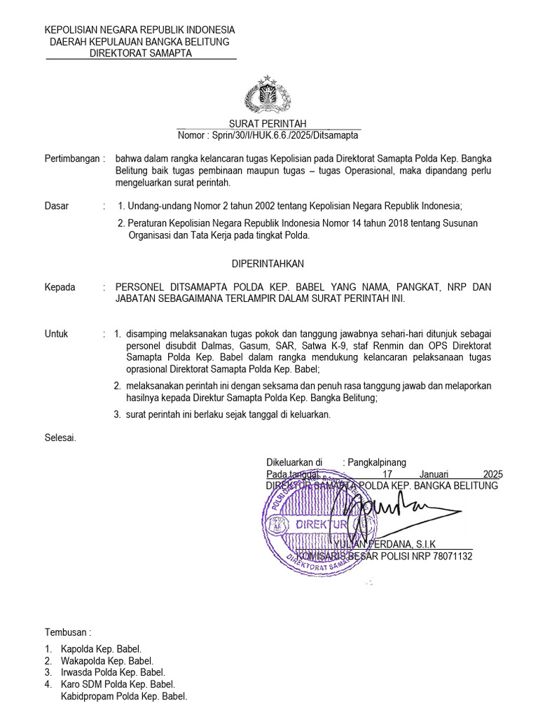 Surat Mutasi Personel Ditsamapta 2025 | PDF