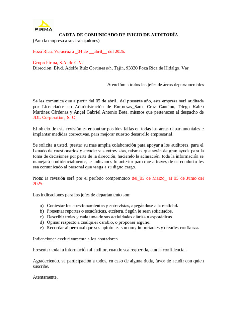 Carta de Comunicado de Inicio de Auditoría | PDF
