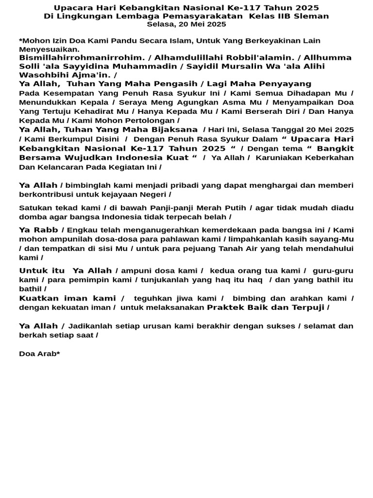 Doa Upacara Kebangkitan Nasional 2025 | PDF