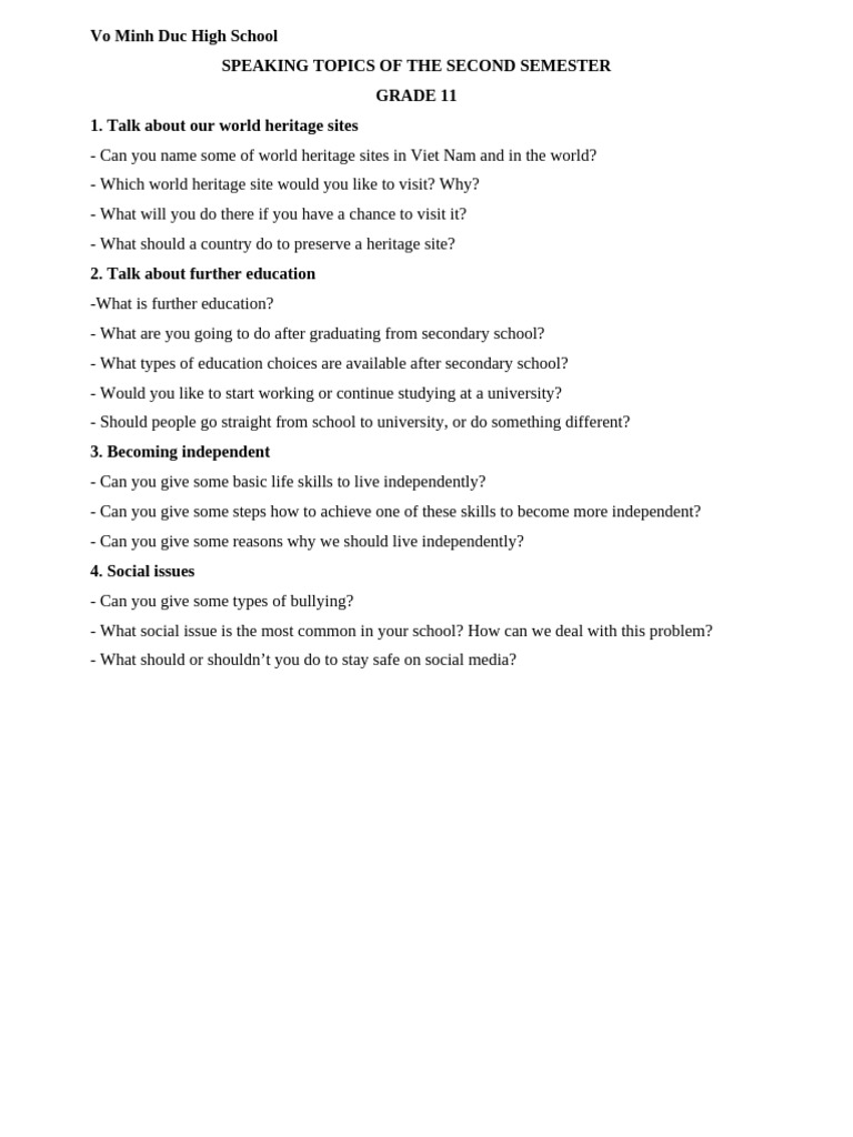 Grade 11 Speaking Topics Overview | PDF