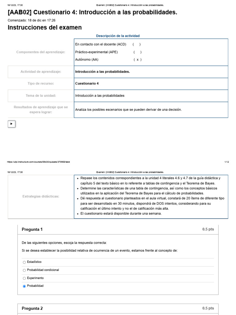 Examen - (AAB02) Cuestionario 4 - Introducción A Las Probabilidades | PDF | Probabilidad ...