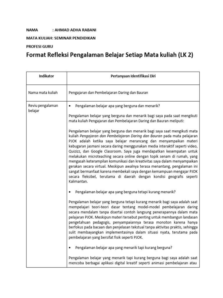 JURNAL REFLEKSI - AHMAD ADHA RABANI - Pengajaran Dan Pembelajaran Daring Dan Bauran | PDF