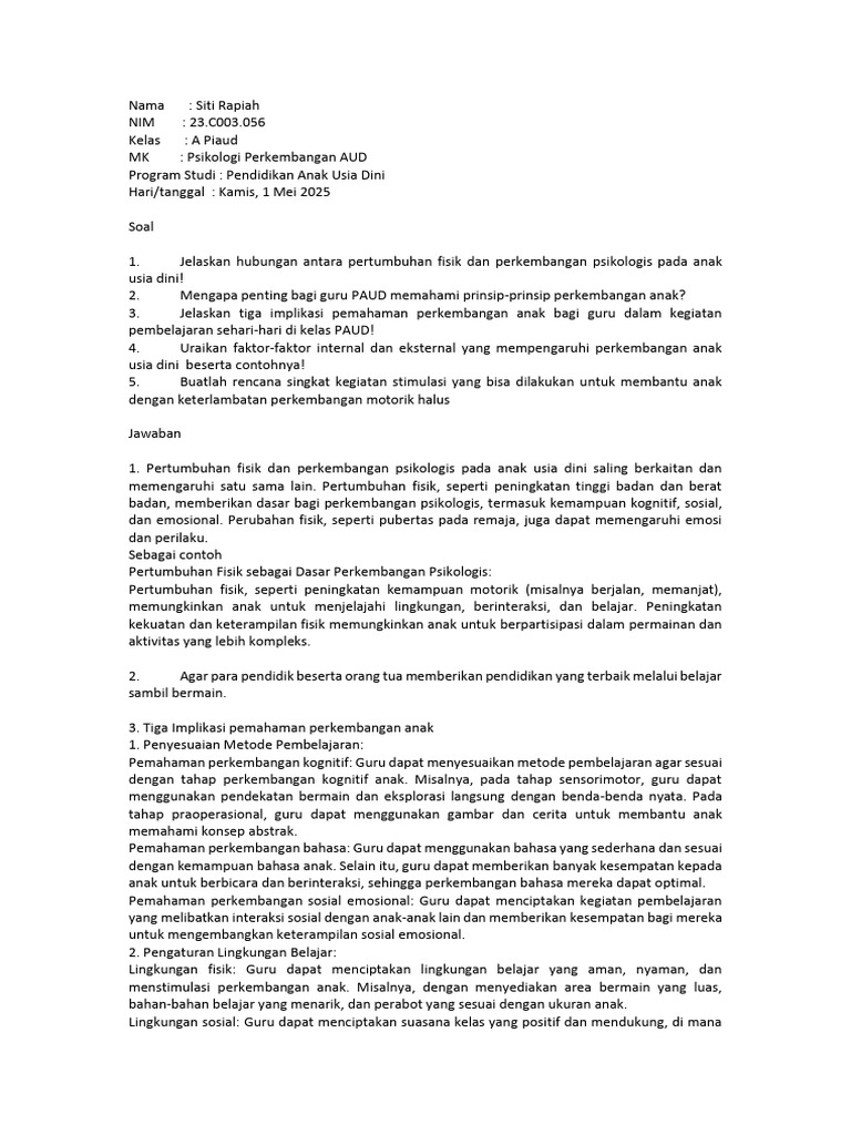 UTS Psikologi Perkembangan AUD - Siti Rapiah 2 | PDF