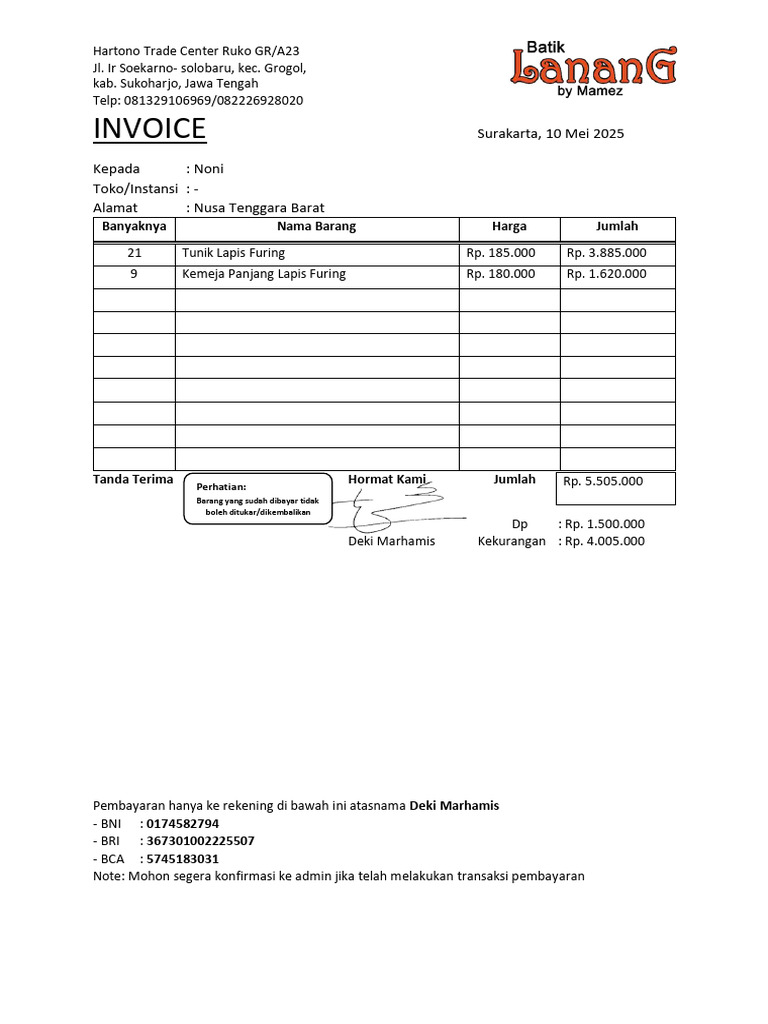 Invoice Kak Noni NTB 10 Mei 2025 | PDF