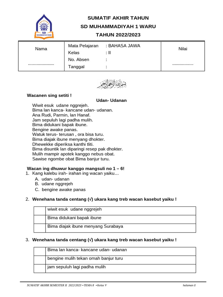 Soal Sat Bahasa Jawa Kelas 2 Oke | PDF