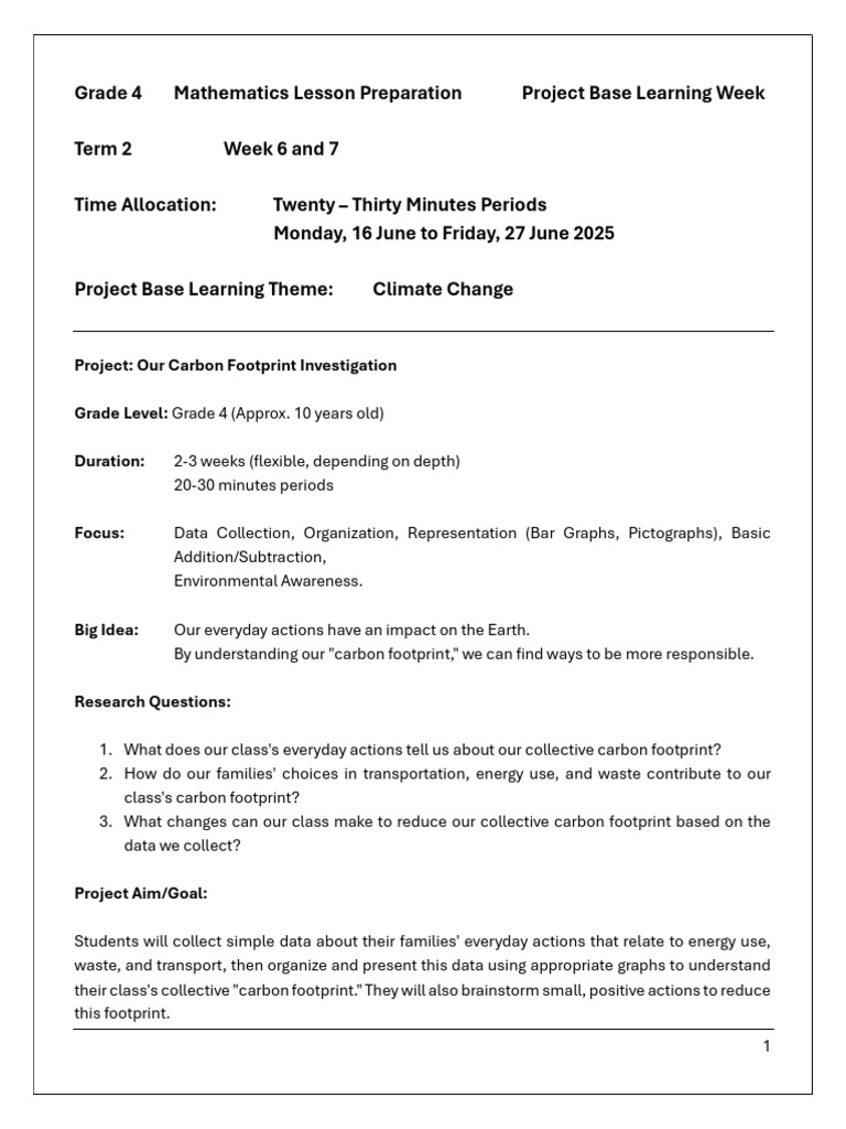 Mathematics _ Grade 4 _ Project Based Learning Week _ Lesson Plan | PDF ...
