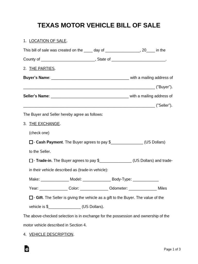 Texas Vehicle Bill of Sale | PDF | Bill Of Sale