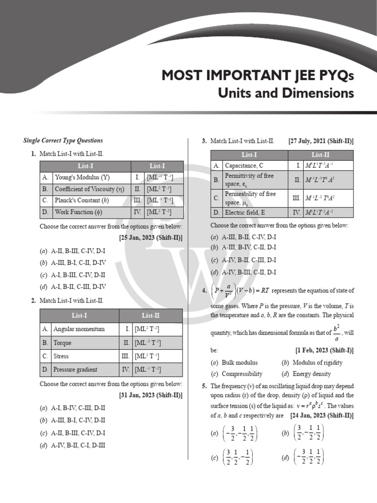 65a389938139660018860880 - ## - Units and Dimension - Most Important PYQs | PDF | Physical ...