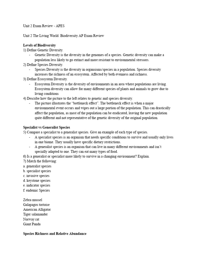 Unit 2 Exam Review - APES | PDF | Biodiversity | Ecology