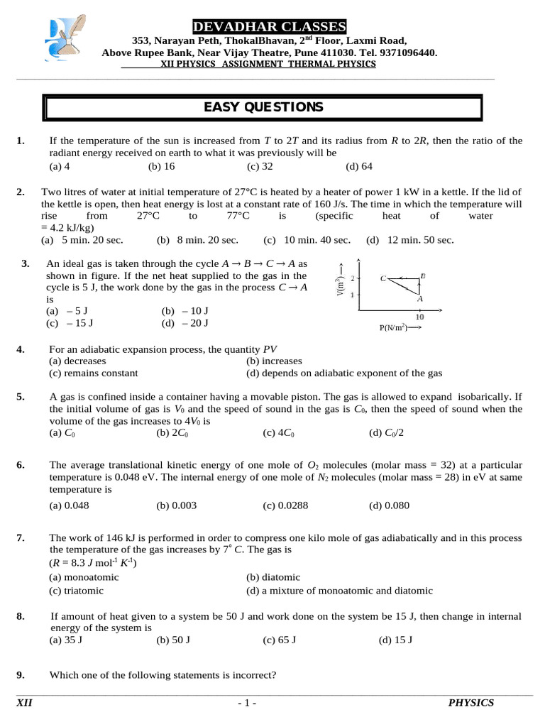 XII Physics Assignment: Thermal Physics | PDF | Gases | Heat