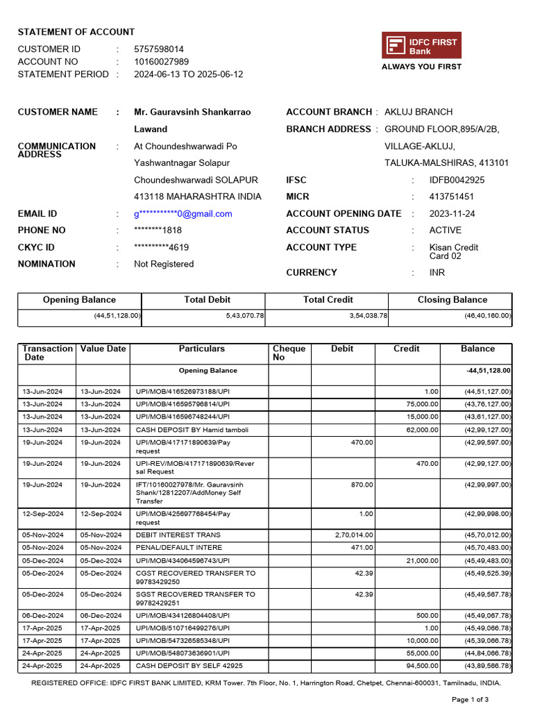IDFCFIRSTBankstatement 10160027989 | PDF | Personal Identification ...