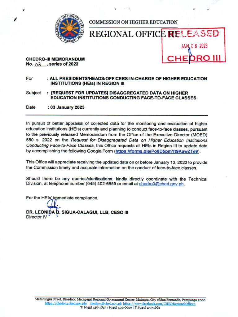 Chedro III Memorandum No. 003 Series of 2023 | PDF