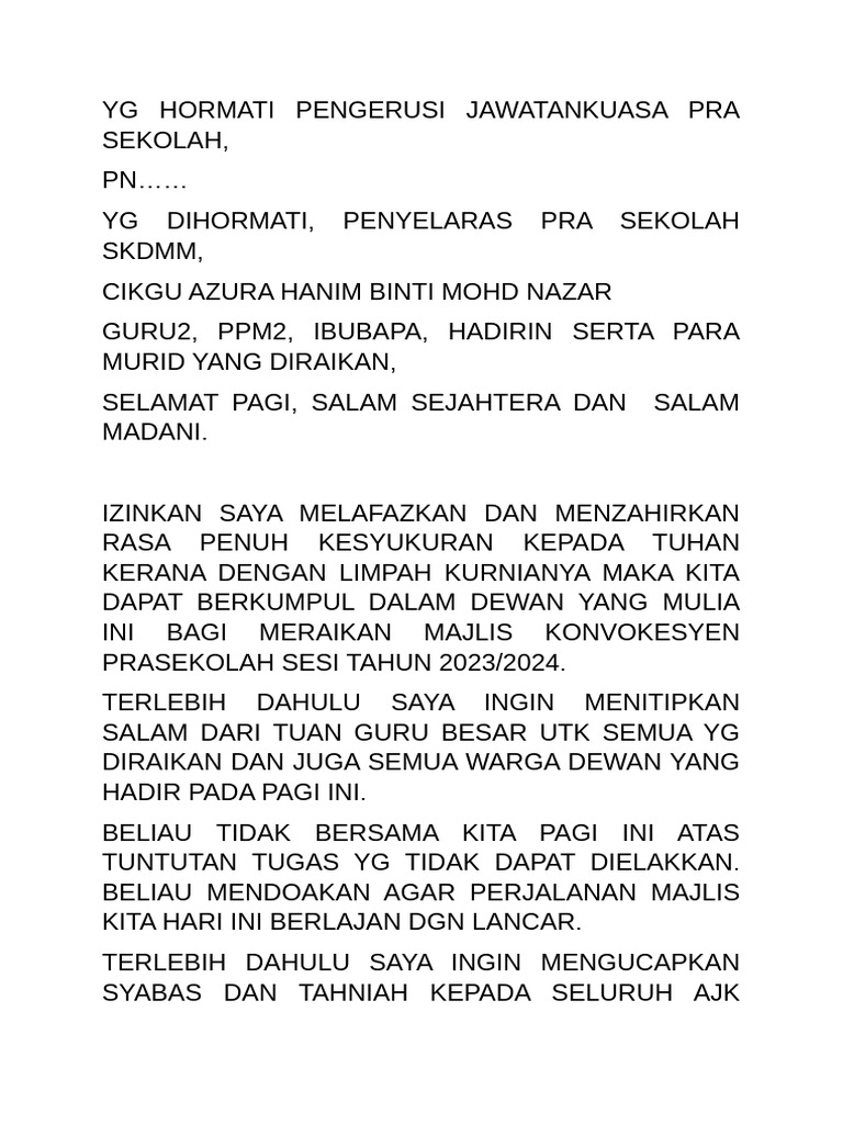 Ucapan Majlis Konvo PraSekolah 2023 | PDF