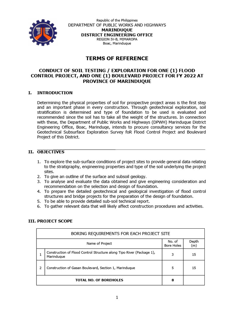 Geotechnical Terms of Reference Marinduque DPWH | PDF | Geotechnical Engineering | Borehole