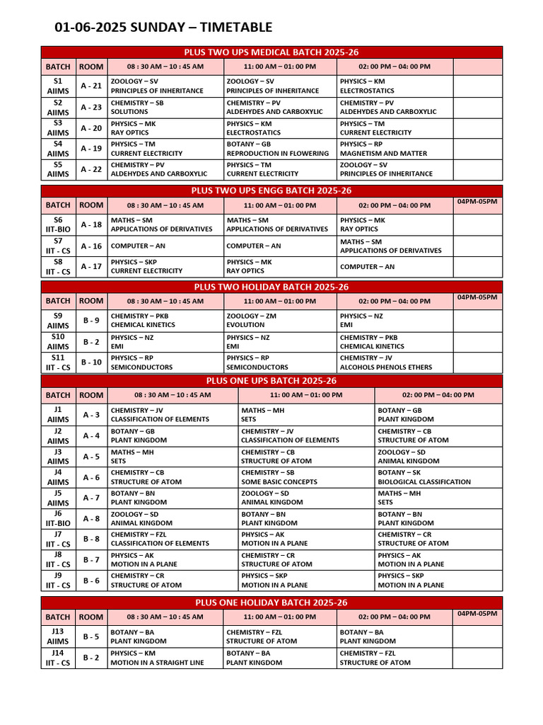 01-06-2025 Sunday - Timetable | PDF | Chemistry | Natural Sciences