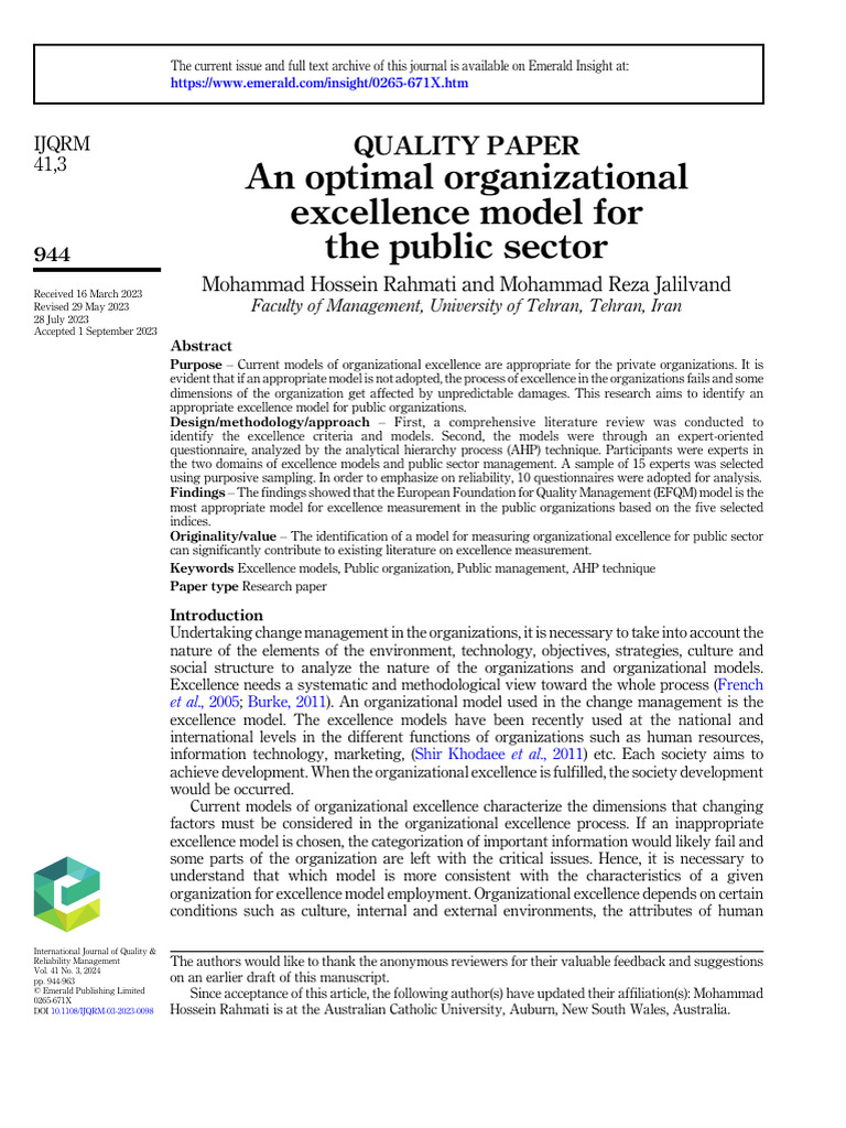 Excellence Model for Public Sector | PDF | Methodology | Sampling ...