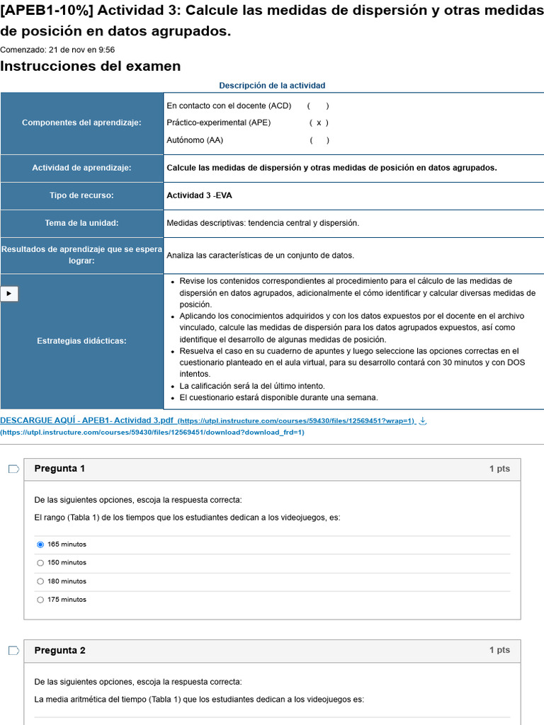 Examen - (APEB1-10%) Actividad 3 - Calcule Las Medidas de Dispersión y Otras Medidas de Posición ...