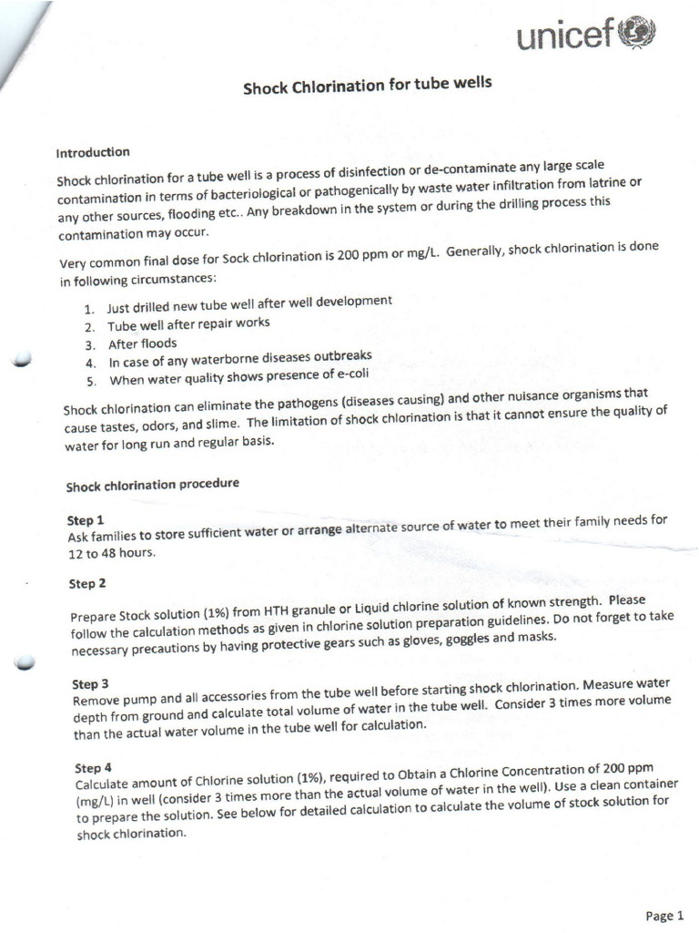 Shock Chlorination Manuel in Tube Well | PDF