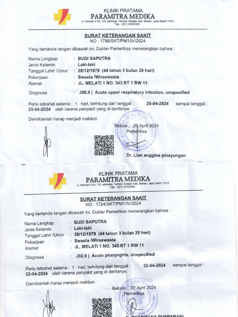 Bks - Surat Sakit - 21 Apr-20 Mei 2024 | PDF