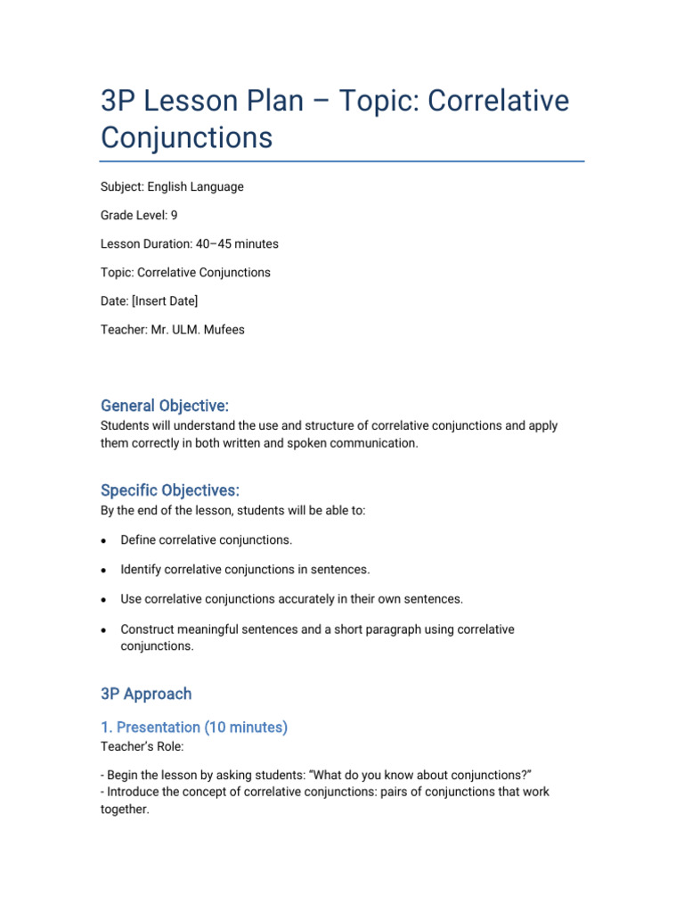 Correlative Conjunctions Lesson Plan | PDF | Lesson Plan | Linguistics