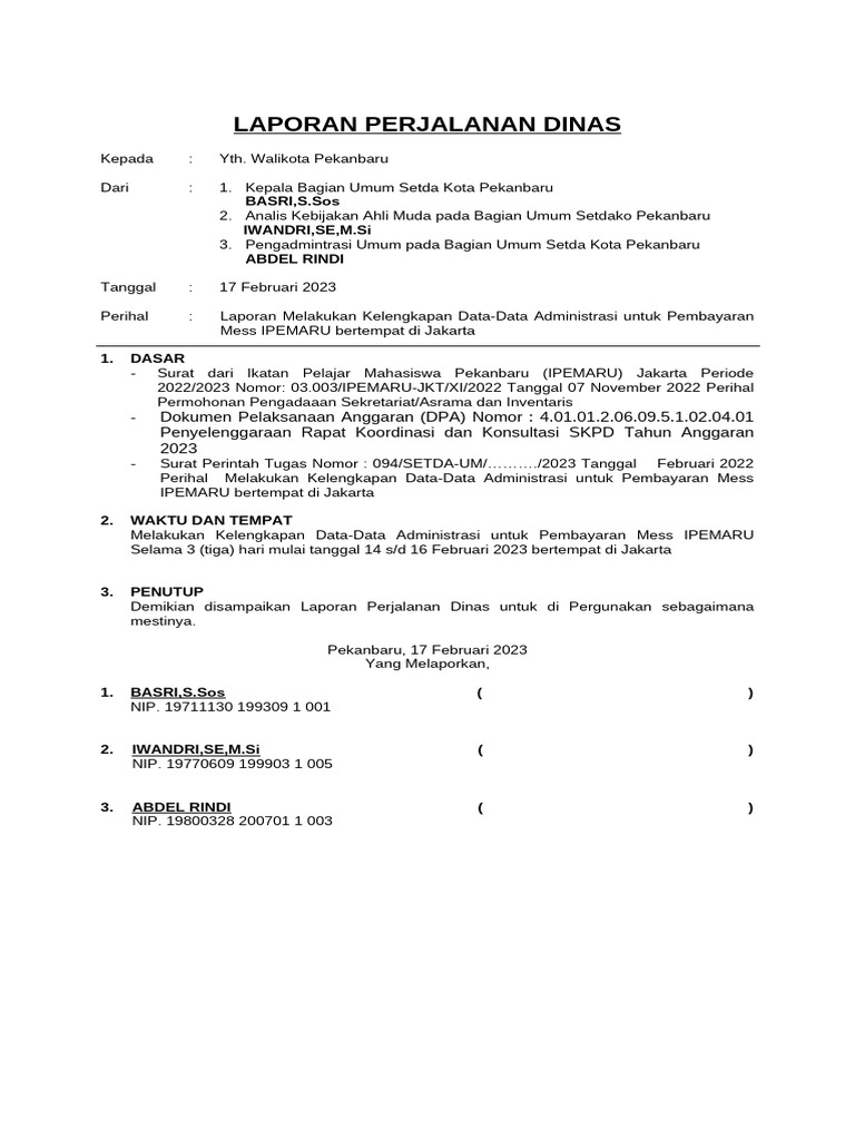 Laporan Perjalanan Dinas 2023 | PDF