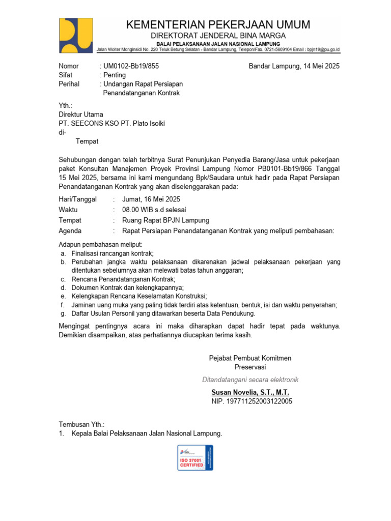 855 Undangan Persiapan Tanda Tangan Kontrak KMP | PDF