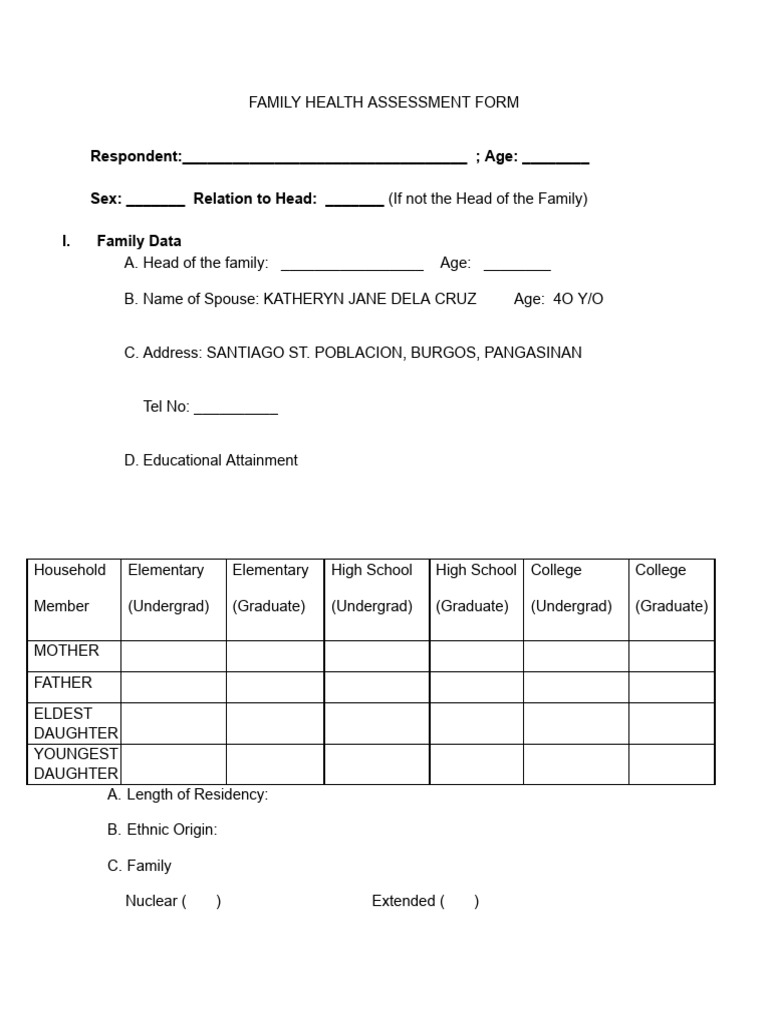 2 Family Assessment Form TEMPLATE | PDF | Sanitation