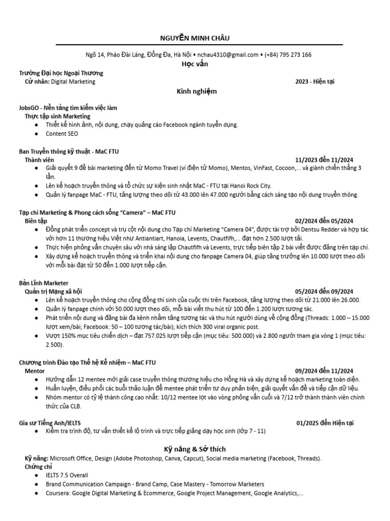 Bản Tiếng Việt của MCS Resume Template (Bullet Points) | PDF