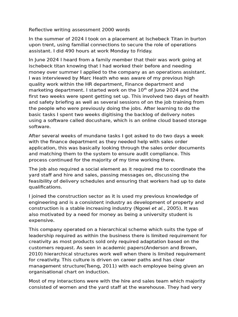 Reflective Writing Assessment 2000 Words | PDF | Occupational Safety ...