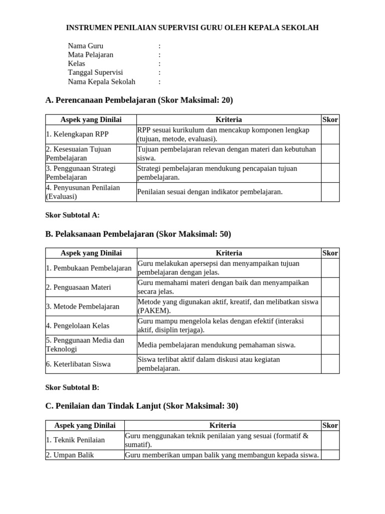 Instrumen Penilaian Supervisi Guru Oleh Kepala Sekolah | PDF