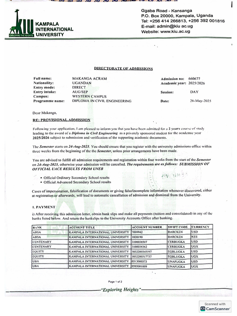 Makanga Acram Admission Letter | PDF