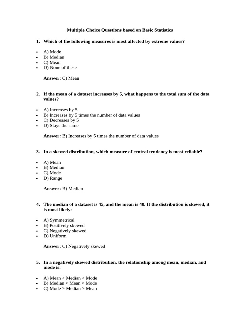 Basic Statistics MCQs for Review | PDF | Mean | Mode (Statistics)