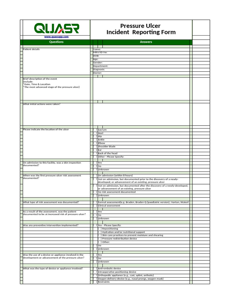 Pressure Ulcer Incident Form QUASR | PDF | Health Care | Diseases And ...