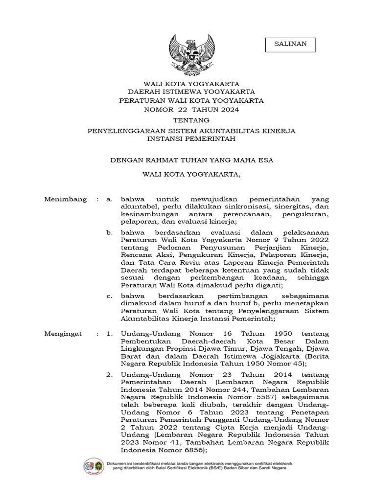 Peraturan Walikota Nomor 22 Tahun 2024 | PDF