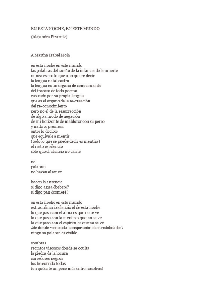 30) Pizarnik - en Esta Noche, en Este Mundo | PDF