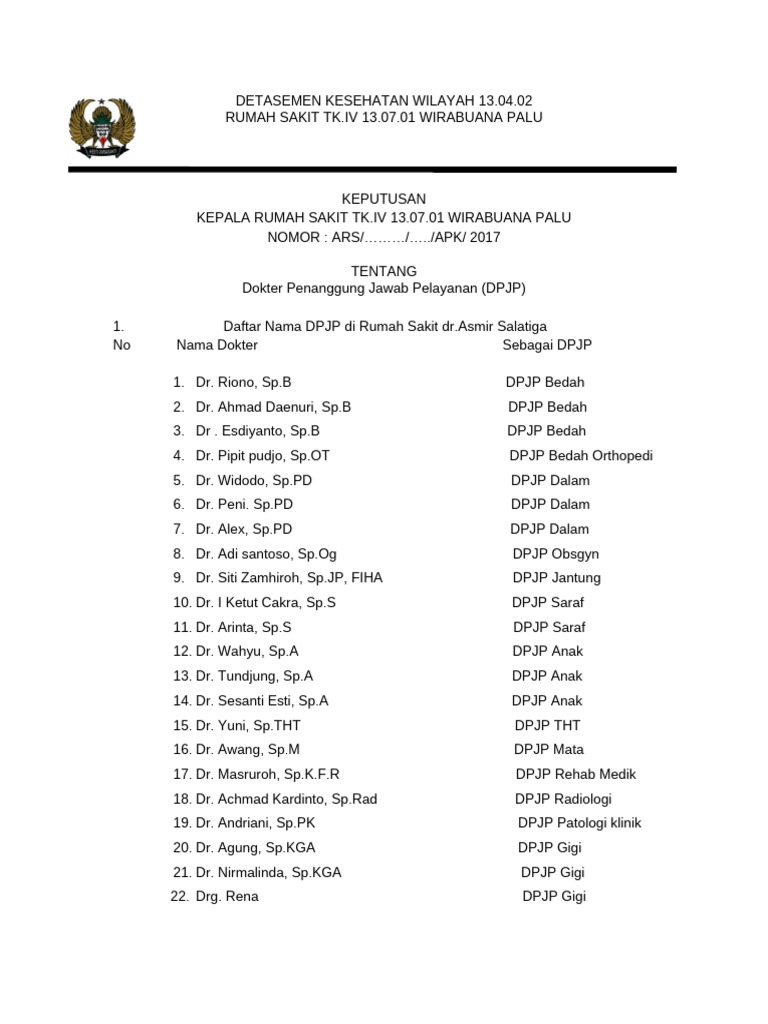 Daftar Nama DPJP Di Rumah Sakit DR - Asmir | PDF