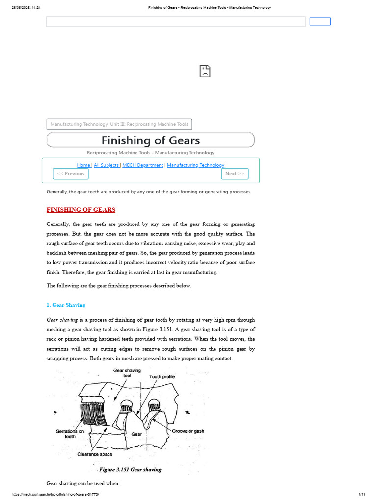 Finishing of Gears - Reciprocating Machine Tools - Manufacturing ...