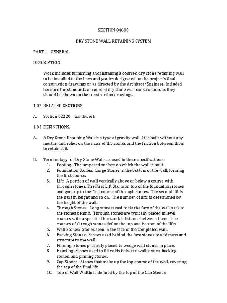 Design Specifications For Dry Stonewall Retaining Systems | PDF ...