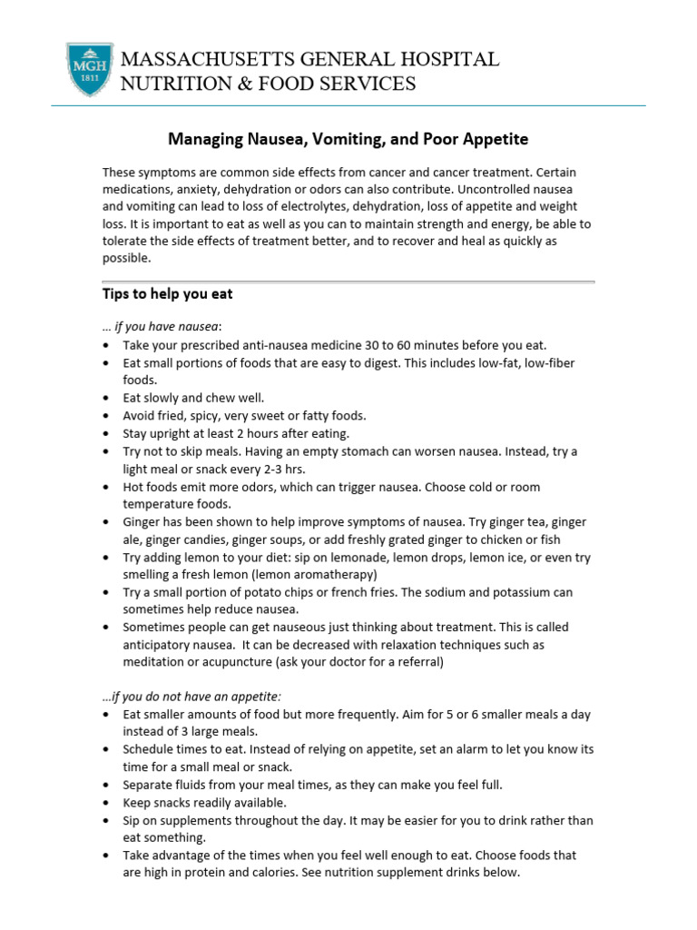 Nausea and Appetite Management Tips | PDF | Ginger | Nausea
